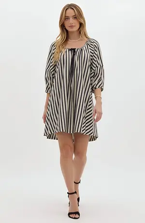 MODENAIRE Striped Mini Dress With Tie Neckline