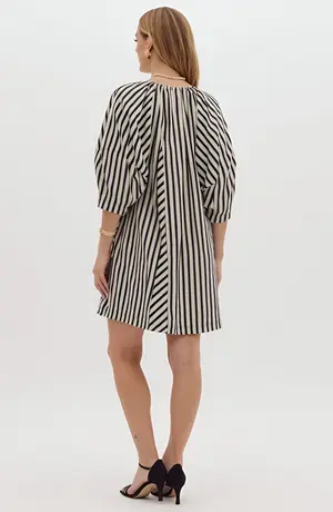 MODENAIRE Striped Mini Dress With Tie Neckline