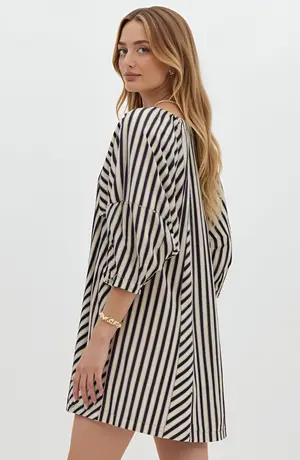 MODENAIRE Striped Mini Dress With Tie Neckline