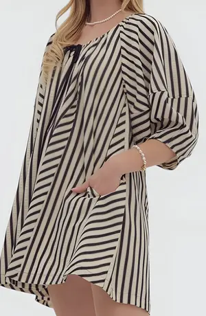 MODENAIRE Striped Mini Dress With Tie Neckline