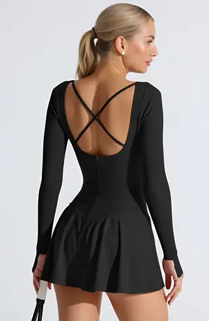 MODENAIRE Long-sleeve Romper Dress With Crisscross Back