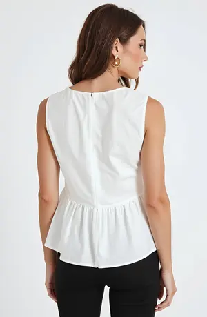 MODENAIRE Sleeveless Peplum Top With Pearl Button Front
