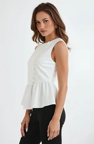 MODENAIRE Sleeveless Peplum Top With Pearl Button Front