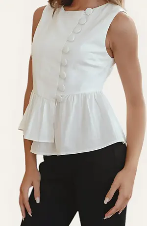 MODENAIRE Sleeveless Peplum Top With Pearl Button Front