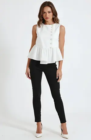 MODENAIRE Sleeveless Peplum Top With Pearl Button Front