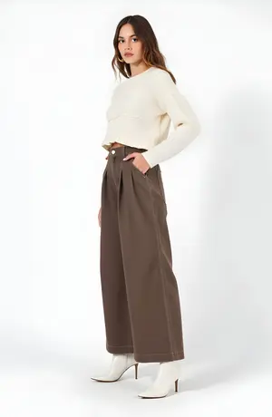 MODENAIRE High-waist Wide-leg Front-pleated Side-pocket Pants