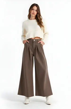 MODENAIRE High-waist Wide-leg Front-pleated Side-pocket Pants