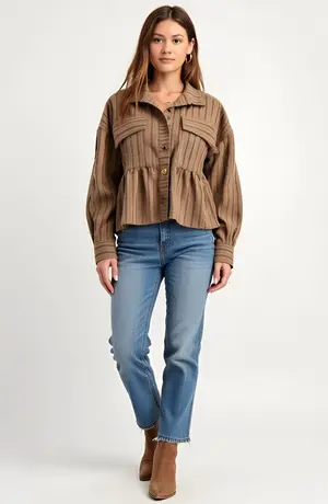 MODENAIRE Button-front Shirt Jacket With Peplum Hem