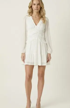 MODENAIRE Long Sleeve V-neck Ruffle Mini Dress - White