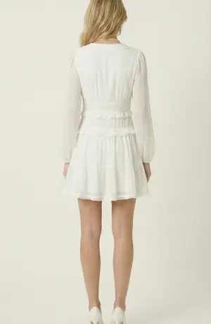 MODENAIRE Long Sleeve V-neck Ruffle Mini Dress