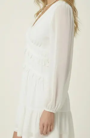 MODENAIRE Long Sleeve V-neck Ruffle Mini Dress