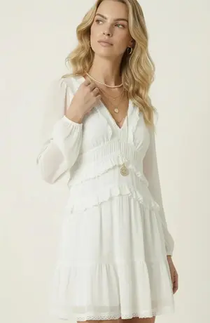 MODENAIRE Long Sleeve V-neck Ruffle Mini Dress