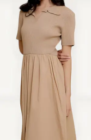 MODENAIRE Polo Collar A-line Midi Sweater Dress