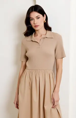 MODENAIRE Polo Collar A-line Midi Sweater Dress
