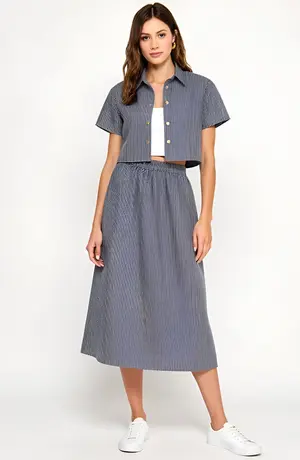 MODENAIRE Striped Cropped Button-up Shirt And Midi Skirt Set With Short Sleeves - Blue/white Stripes