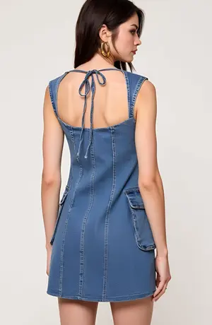 MODENAIRE Square Neck Denim Mini Dress With Pockets
