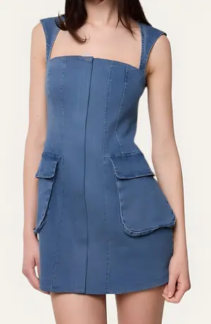 MODENAIRE Square Neck Denim Mini Dress With Pockets