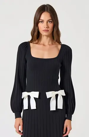 MODENAIRE Front Bow Detail Square Neck Puff Sleeve Maxi Sweater Dress