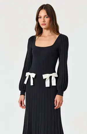 MODENAIRE Front Bow Detail Square Neck Puff Sleeve Maxi Sweater Dress