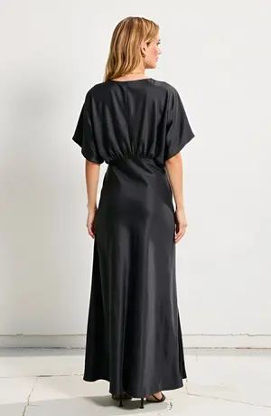 MODENAIRE V-neck Maxi Dress With Flutter Sleeves - Black