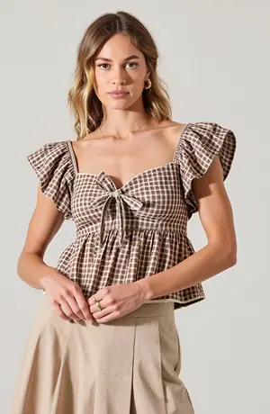 MODENAIRE Peplum Top With Flutter Sleeves And Front Tie