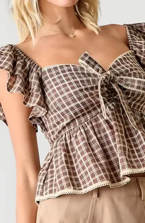 MODENAIRE Peplum Top With Flutter Sleeves And Front Tie