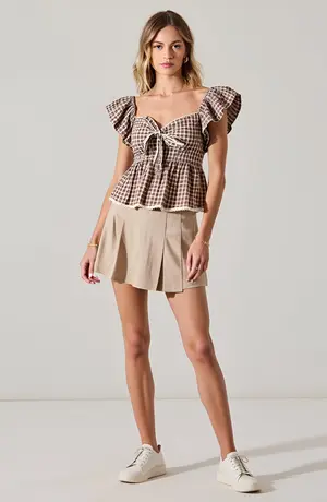 MODENAIRE Peplum Top With Flutter Sleeves And Front Tie