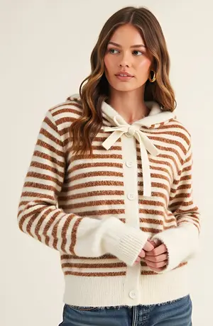 MODENAIRE Striped Button-up Cardigan Hoodie - Ivory/brown Stripes