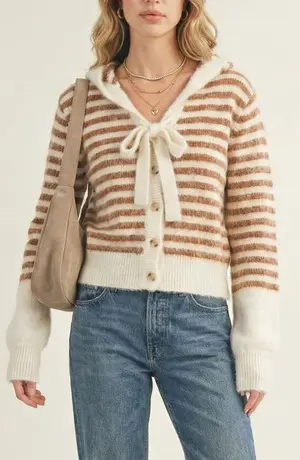 MODENAIRE Striped Button-up Cardigan Hoodie - Ivory/brown Stripes