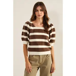 MODENAIRE Striped Knit Top With Puff Sleeves - Brown/off White Stripe