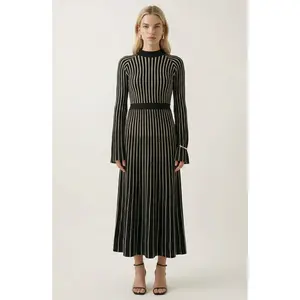 MODENAIRE Striped Rib-knit Maxi Dress With Mock Neck - Black/white Stripe