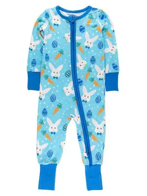 RUFFLEBUTTS Softsnooze Baby Convertible One Piece Pajama - Blue Bow Tie Bunnies