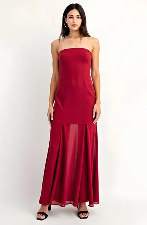 MODENAIRE Strapless Evening Gown With Sheer Skirt