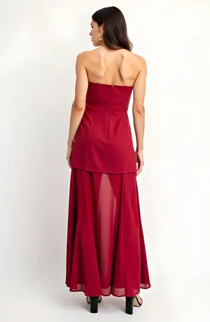 MODENAIRE Strapless Evening Gown With Sheer Skirt
