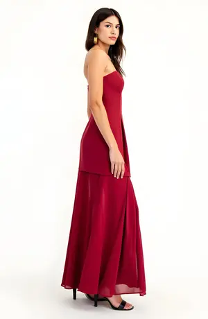 MODENAIRE Strapless Evening Gown With Sheer Skirt