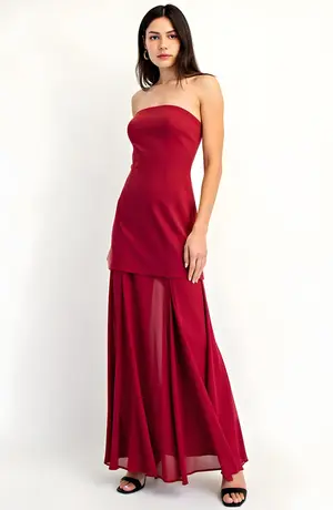 MODENAIRE Strapless Evening Gown With Sheer Skirt