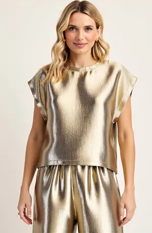MODENAIRE Textured Satin Blouse With Keyhole Back - Gold