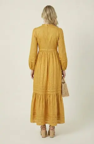 MODENAIRE Midi Shirred Neckline Tie Front Long Sleeve Tiered Hem Dress