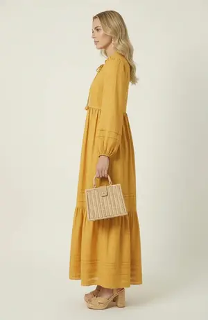 MODENAIRE Midi Shirred Neckline Tie Front Long Sleeve Tiered Hem Dress