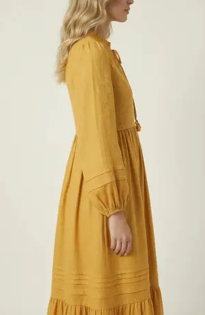 MODENAIRE Midi Shirred Neckline Tie Front Long Sleeve Tiered Hem Dress