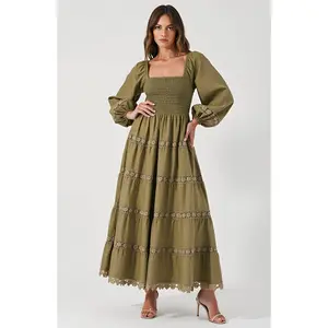 MODENAIRE Smocked Bodice Maxi Dress With Lace Inset - Olive Green