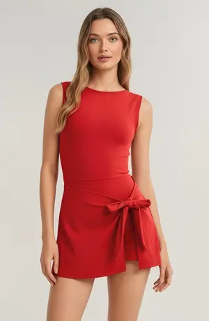 MODENAIRE Sleeveless Romper With Skirt Overlay - Red