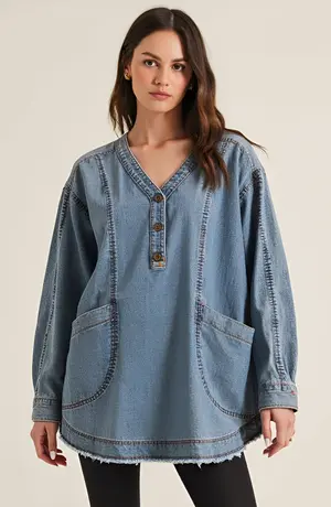 MODENAIRE Woven Denim V-neck Blouse