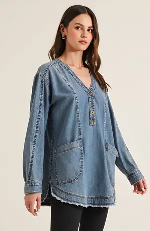 MODENAIRE Woven Denim V-neck Blouse