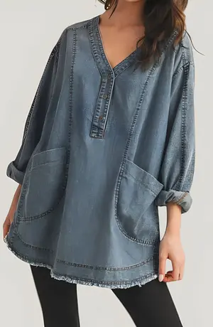 MODENAIRE Woven Denim V-neck Blouse