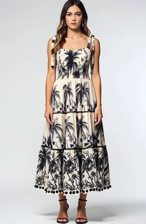 MODENAIRE Tropical Print Tiered Midi Dress With Pom Trim - Ivory/black