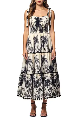 MODENAIRE Tropical Print Tiered Midi Dress With Pom Trim - Ivory/black
