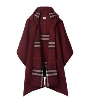 Burberry Cashmere Reversible Check Hooded Cape - Red