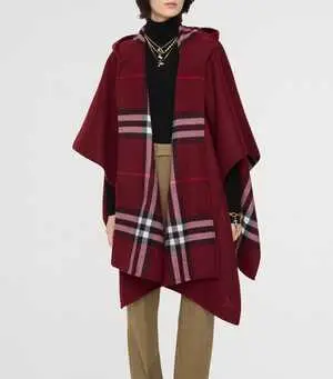 Burberry Cashmere Reversible Check Hooded Cape - Red