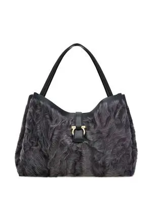 FERRAGAMO Large Shearling Tote Bag - Grey